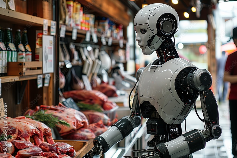 Cyberpunk Automaton in Meaty Butcher Shop: Realistic Anime Movie Poster ...