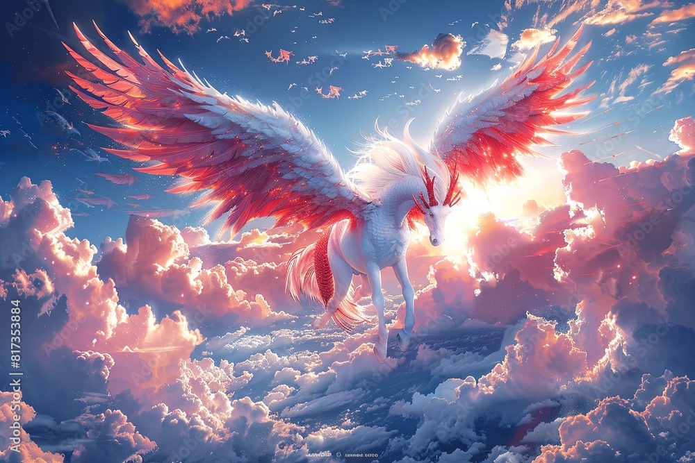 Red Dragon Pegasus Soaring Above Awestruck Onlookers in Ethereal Sky ...