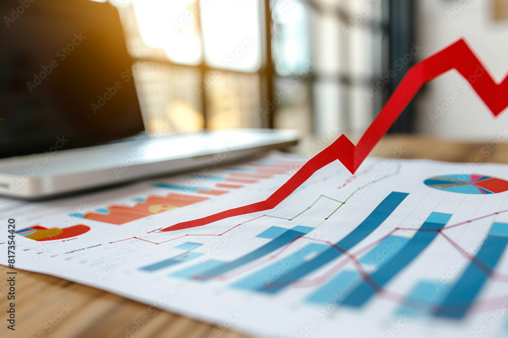 Business graphs with a red arrow rising steeply show a dramatic ...