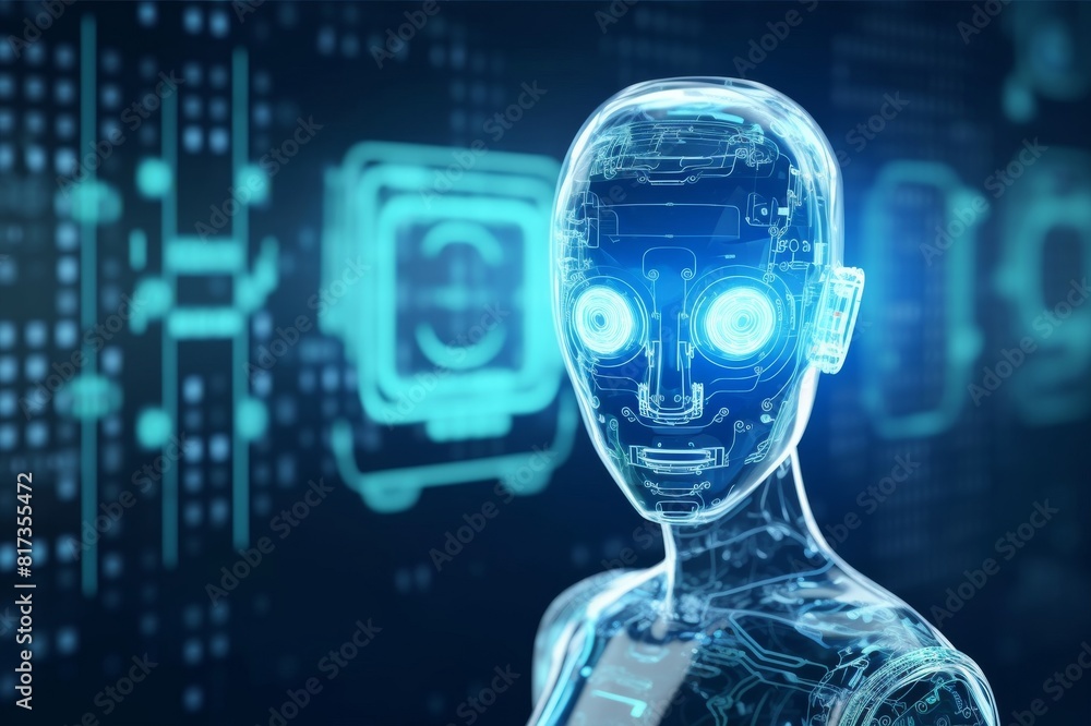 digital chatbot hologram on future tech background. productivity of ai ...