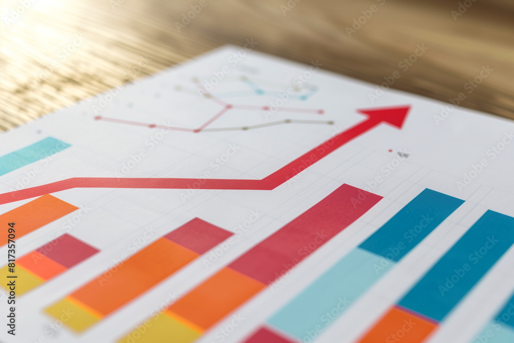 Rising sales charts are vividly marked by a red arrow on the business ...