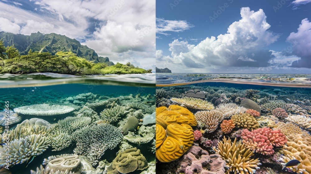 A landscape with dead coral reefs and polluted ocean, and a vibrant ...