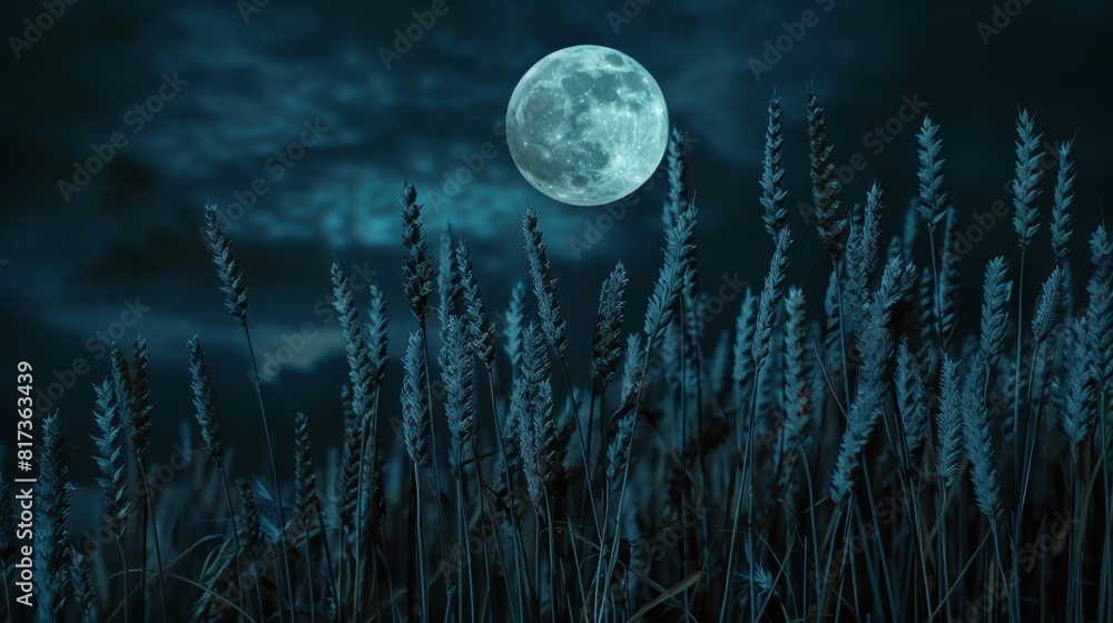 Wheat field under the starry sky with a full moon for nature themed ...