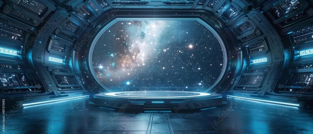 The image shows a futuristic spaceship interior with a large window looking out into space ...