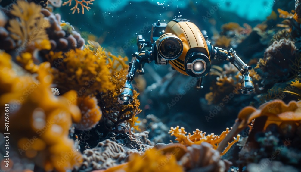 Humanoid robot exploring the deep ocean floor, its cameras recording ...