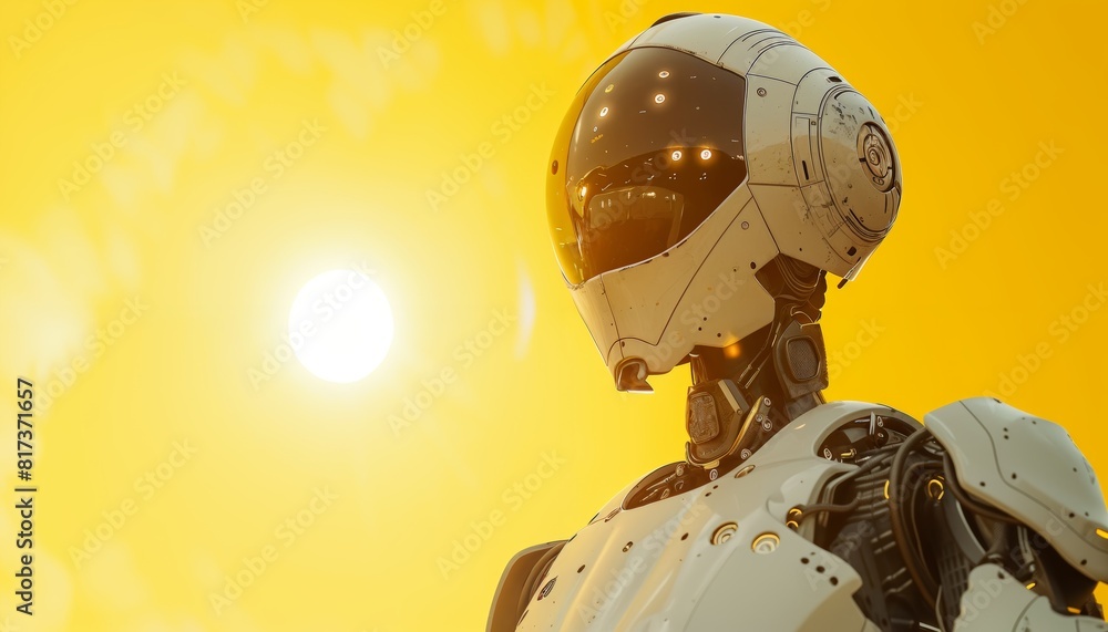 Humanoid robot on a brilliant sunshine yellow background. Global ...