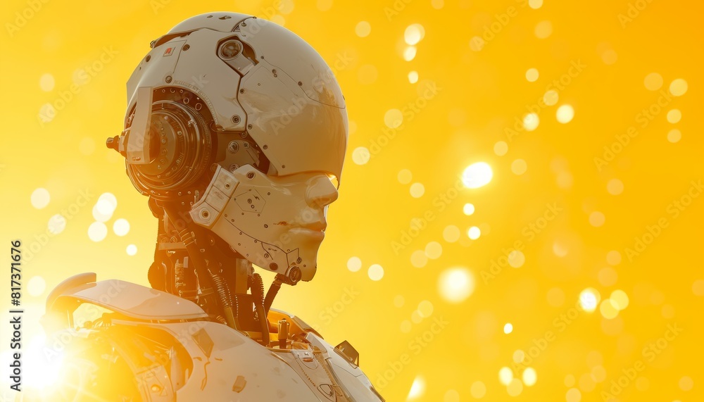 Humanoid robot on a brilliant sunshine yellow background. Global ...