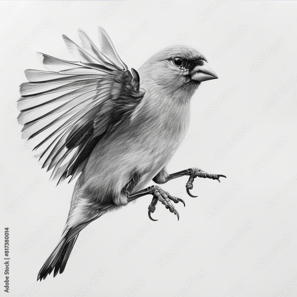 Greenfinch Bird Pencil Sketch Hand Drawn Black and White Depiction of ...