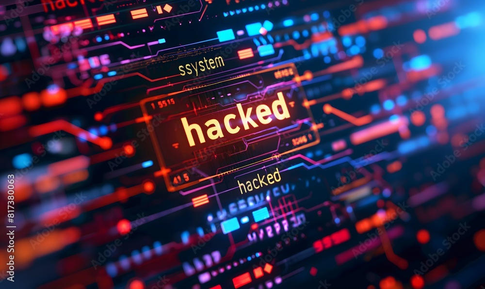 System hacking with info message "system hacked". Background with a code on a blue background ...
