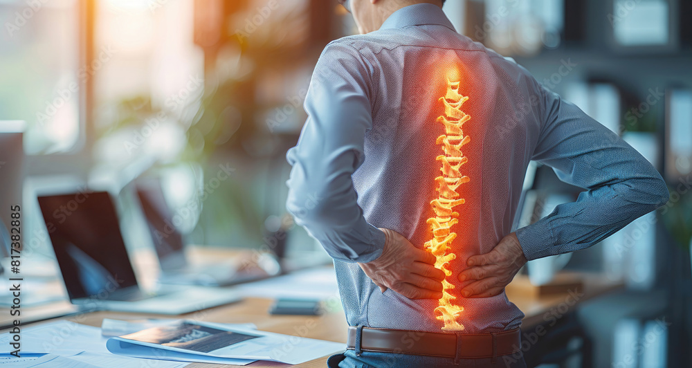 Office syndrome, Backache and Lower Back Pain Concept. a man touching ...