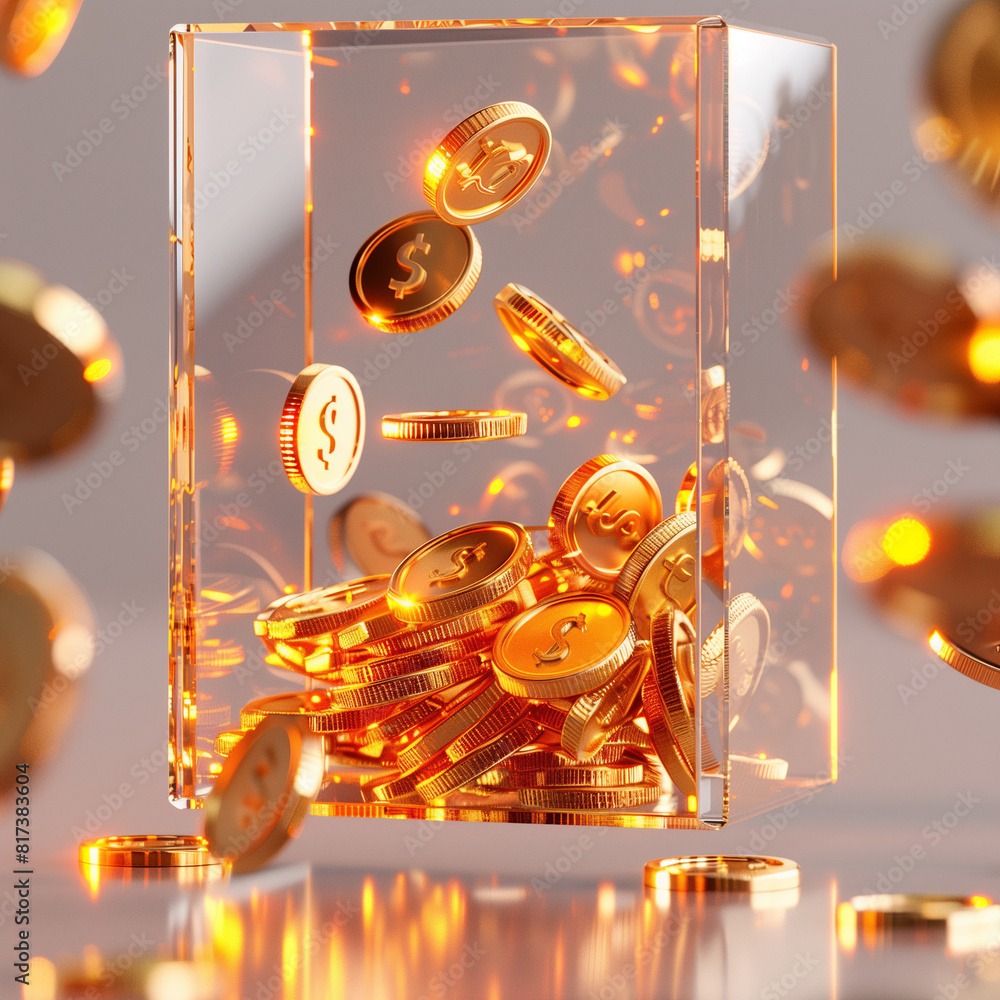 3D isometric icon of an opened safe with gold coins floating out ...