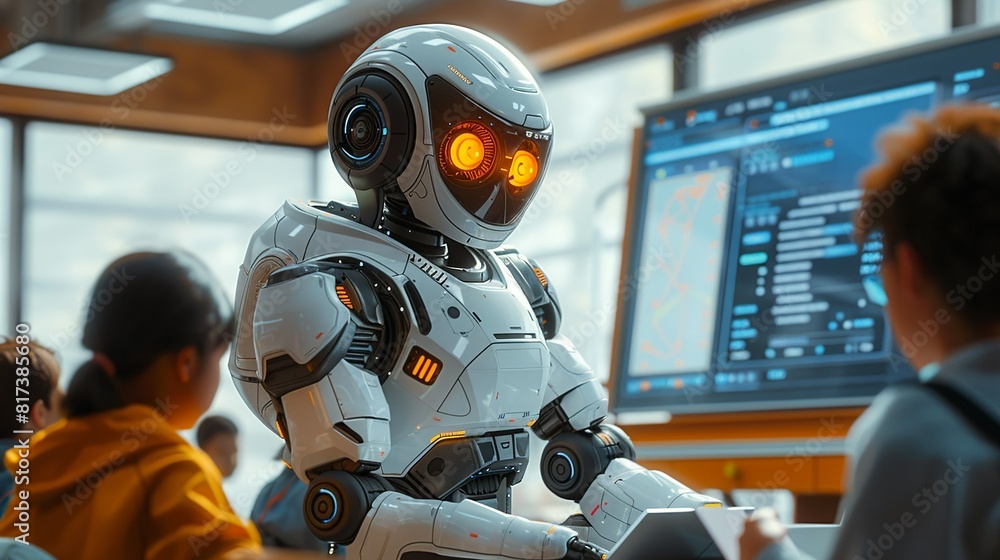 Working together, Robot assisting a teacher in a classroom, helping ...