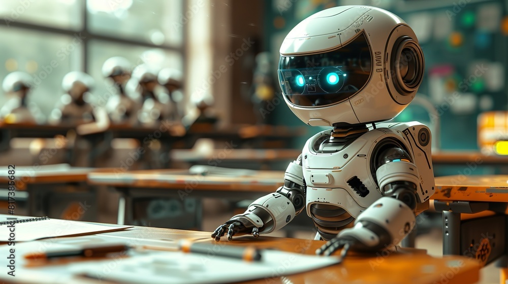 Working together, Robot assisting a teacher in a classroom, helping ...