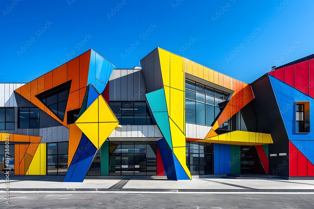 Exterior of a geometric school building with modern architectural ...