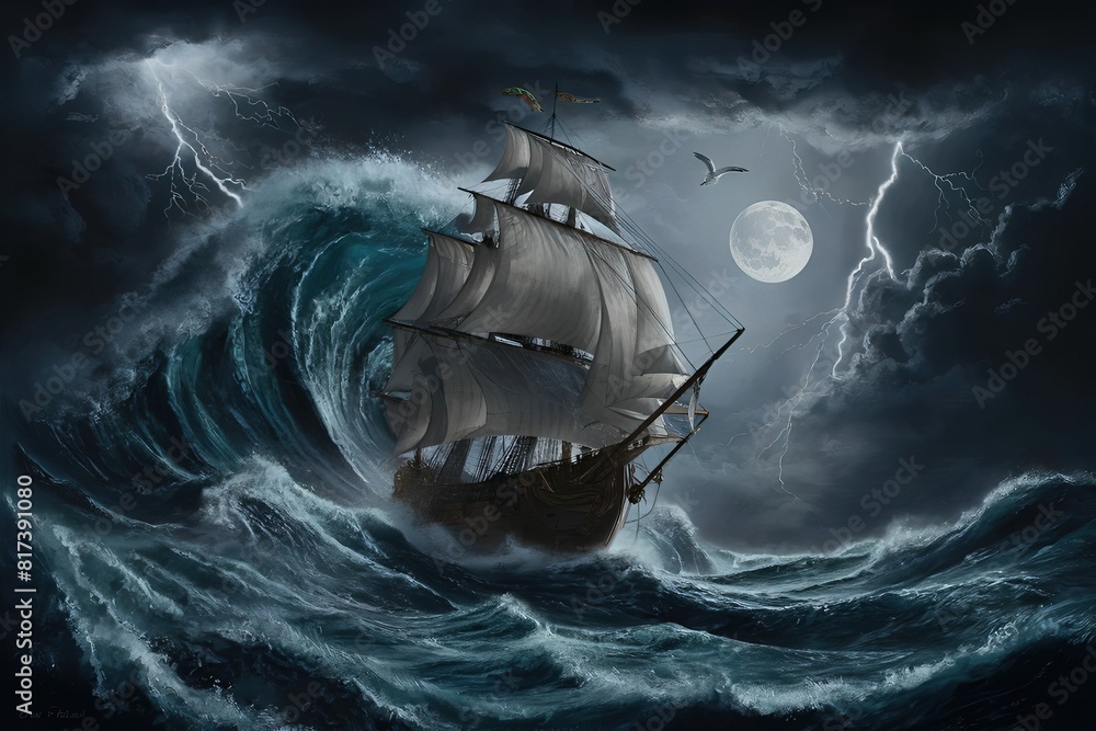 Columbus's day. Oil painting of Columbus's ship battling a fierce storm ...