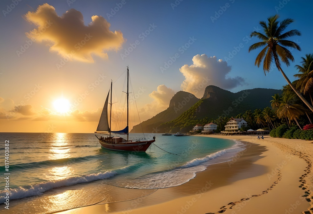 Summer beach scene with the sun shining. A pontoon boat and a resort ...