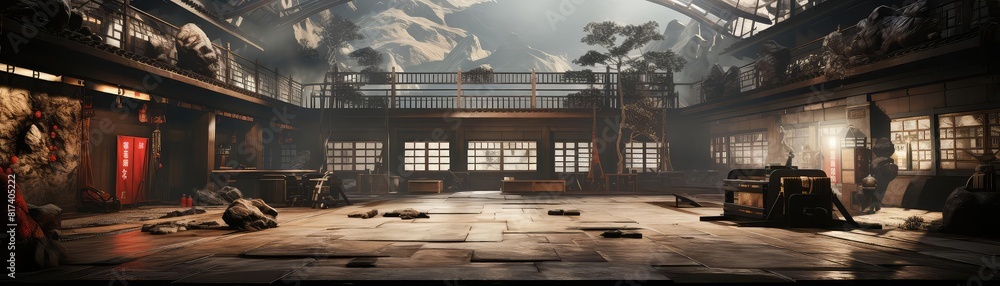 Gym background flat design top view eclectic martial arts dojo theme 3D ...