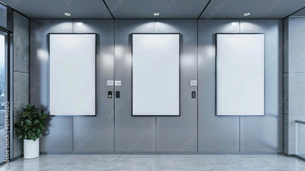 vertical poster mockup frames displayed in modern elevator interior ...