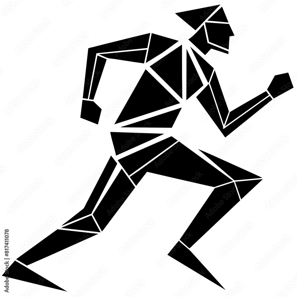 Geometric running man, black and white, vector illustration, white ...