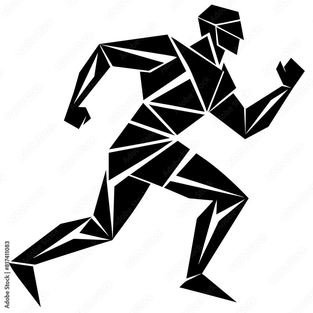 Geometric running man, black and white, vector illustration, white ...