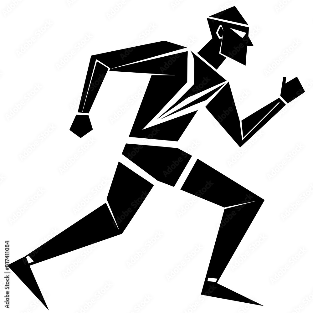 Geometric running man, black and white, vector illustration, white ...