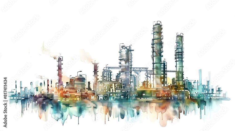 Watercolor drawing paint of industry zone, refinery power plant energy ...