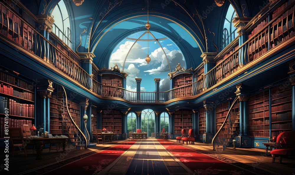 Library background flat design side view luxurious manuscript archive ...