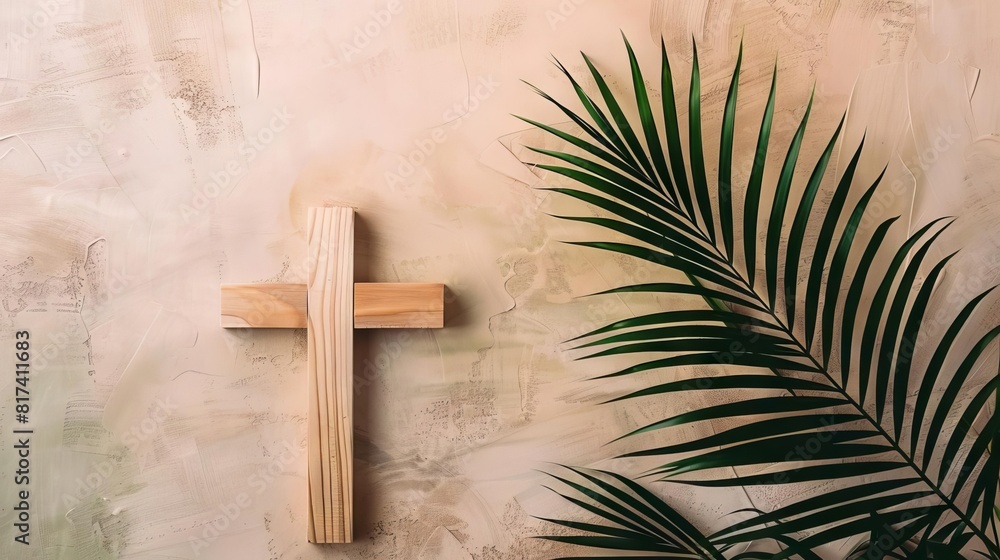 wooden cross and palm leaves on neutral background palm sunday ...