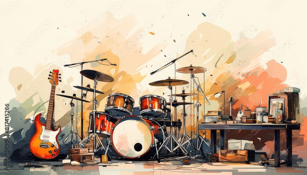 Music Room background flat design top view vibrant rock band space ...