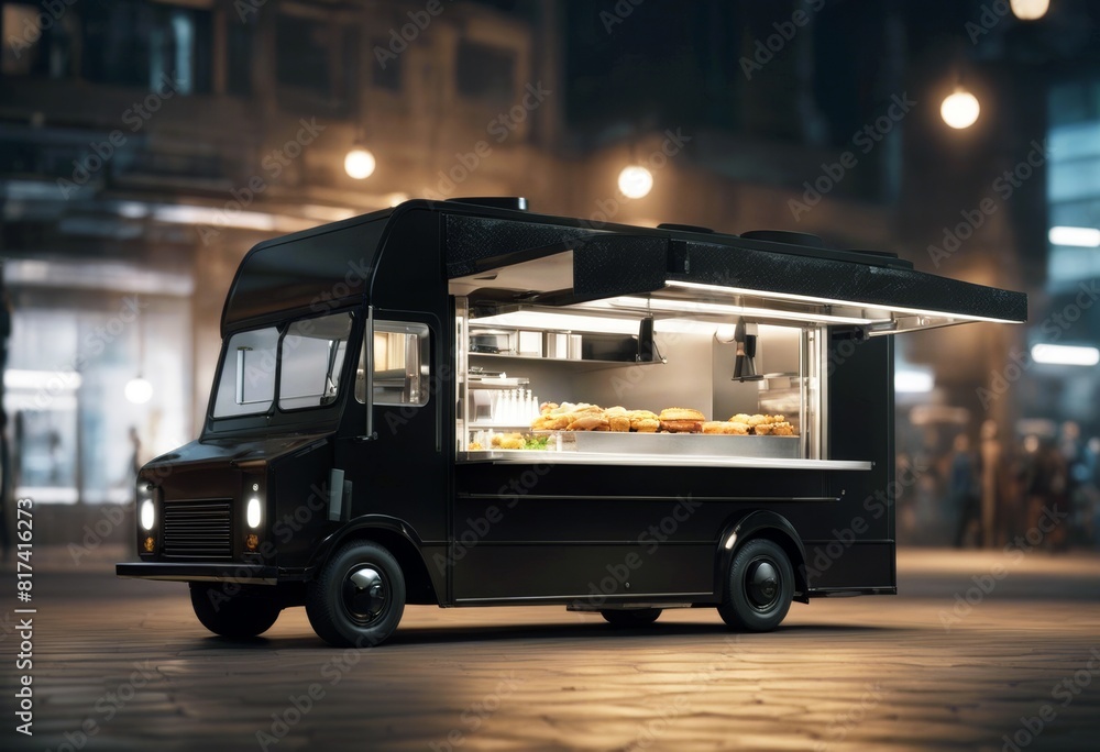 'view side food interior black detailed takeaway truck illuminated ...