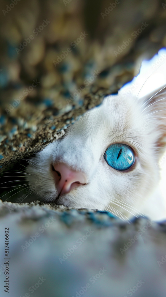 Photo captured with a fisheye lens featuring a plump white cat peering ...