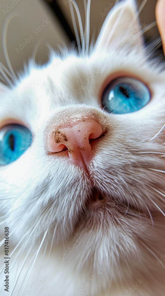 Photo captured with a fisheye lens featuring a plump white cat peering ...