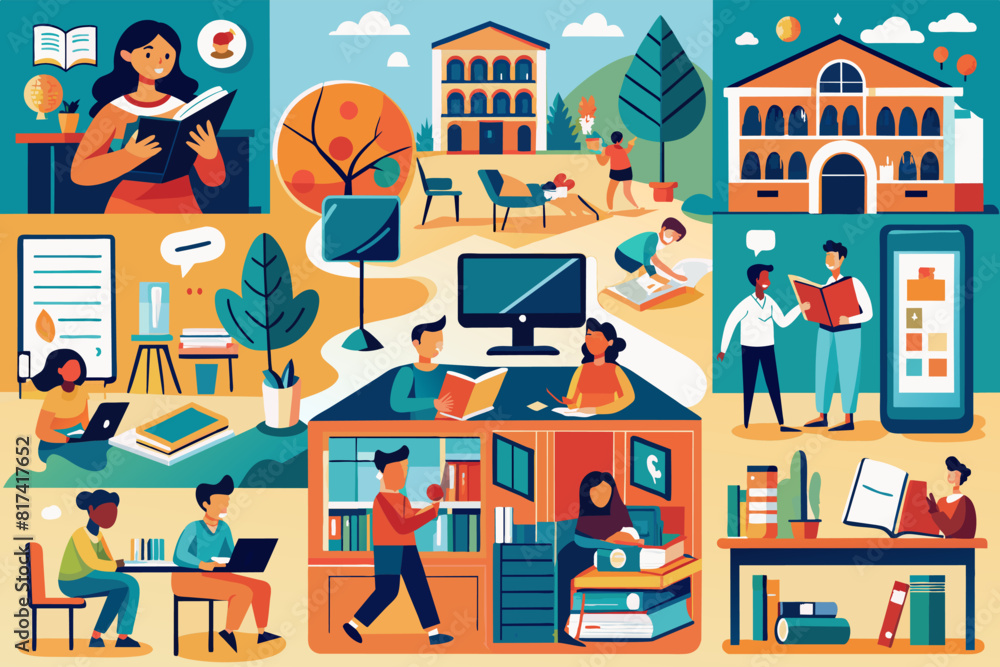 Vector illustration of people studying in a library with a flat style ...