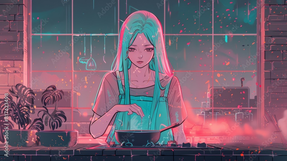 3D anime girl hologram assistant interact with male person prepare meal ...