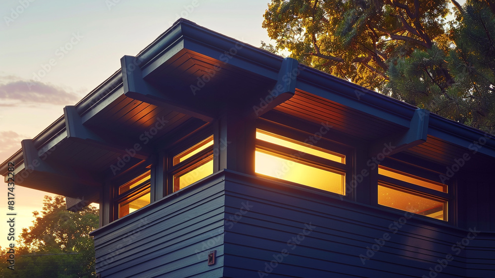 Elevated side angle of a deep sapphire blue craftsman cottage with a ...