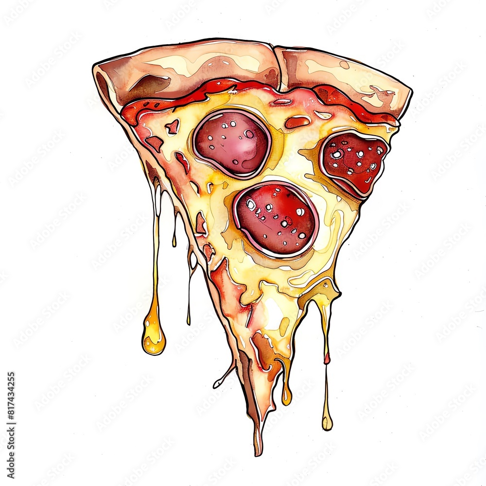 A watercolor painting of a single slice of pizza. The pizza has pepperoni, melted cheese, and a ...