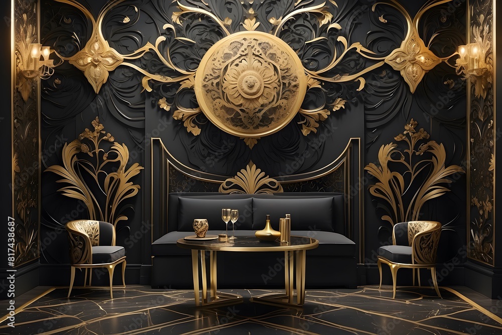 Royal luxury living room interior design, modern black and golden ...
