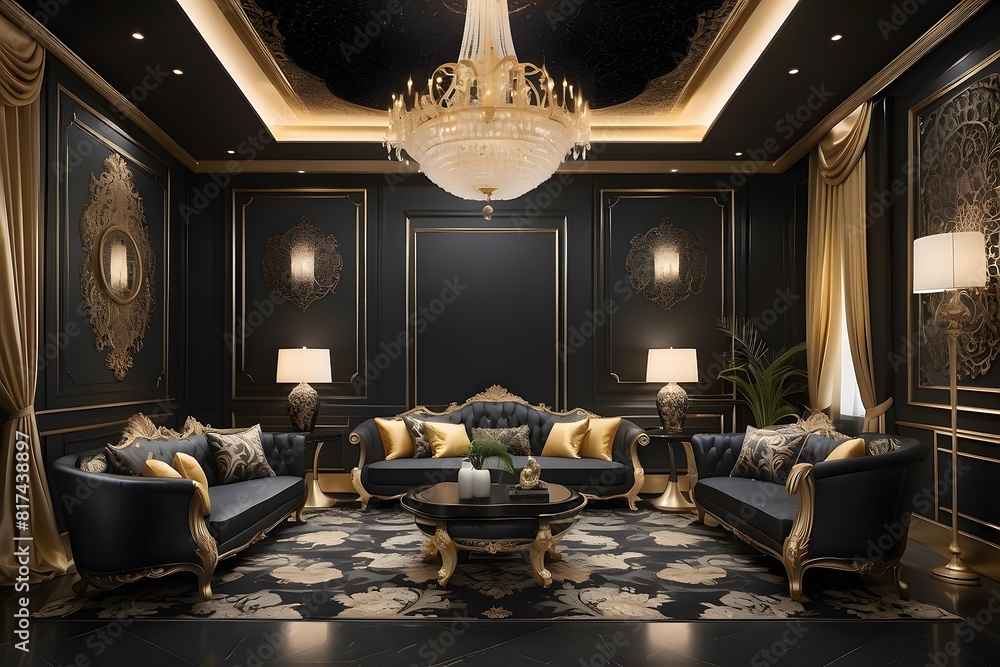 Royal luxury living room interior design, modern black and golden ...