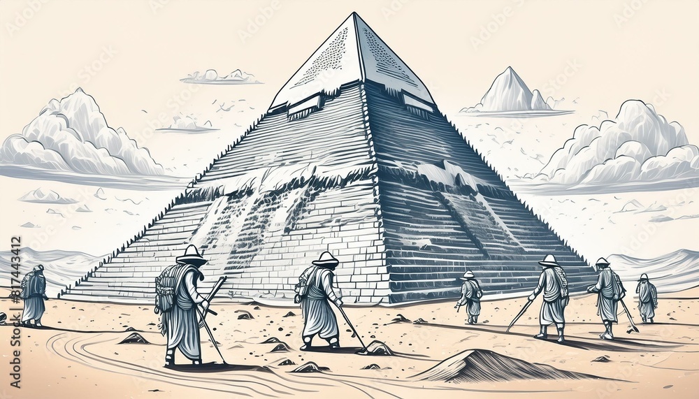 ancient workers building huge pyramid in desert with sand, salt and sky ...