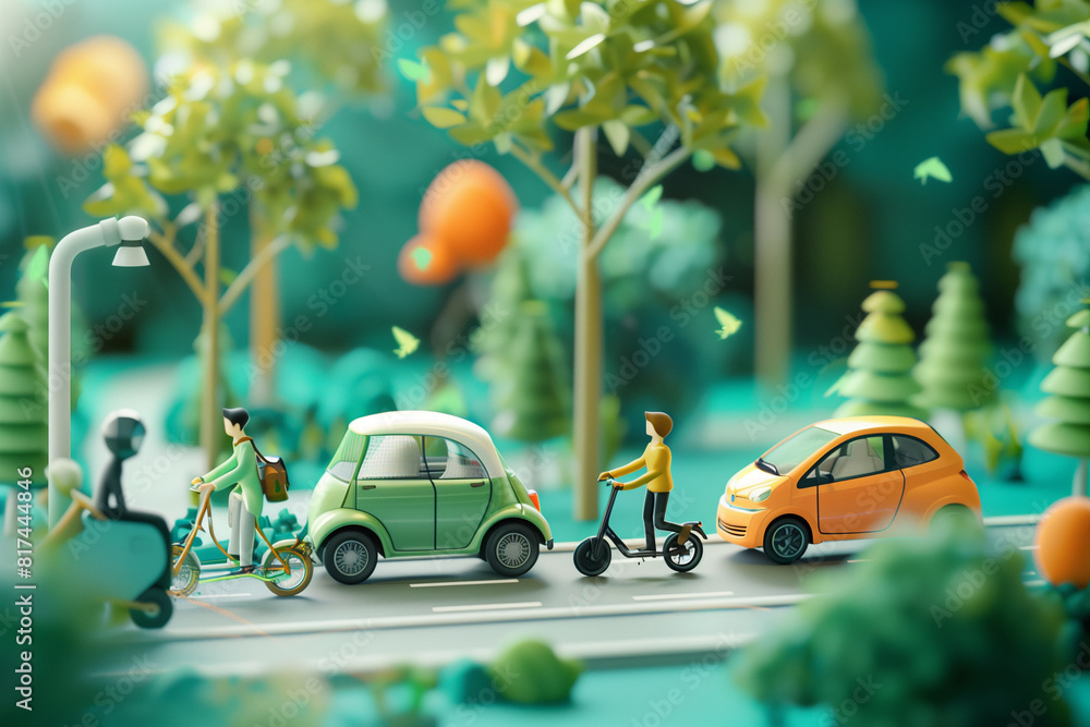 Cartoon 3D people riding ecology transport go to work. Sustainable ...