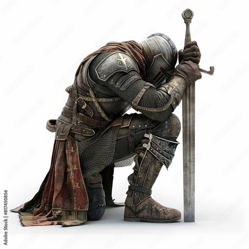 illustration of a medieval knight kneeling in prayer with a sword ...