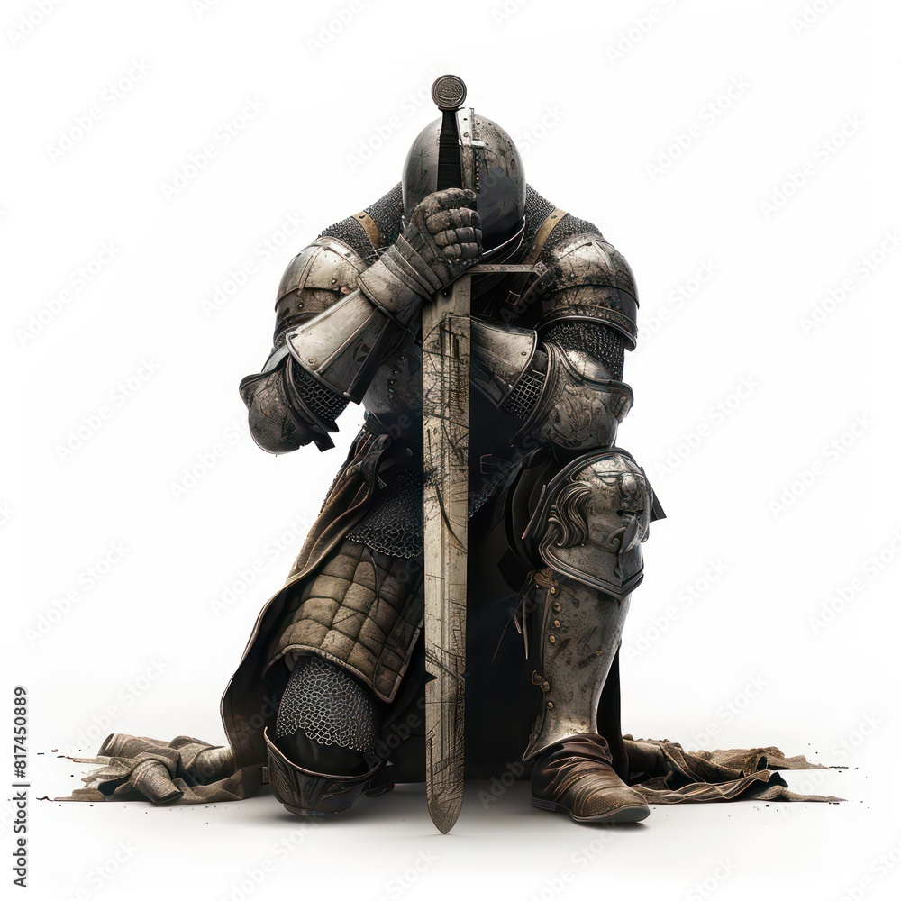 illustration of a medieval knight kneeling in prayer with a sword ...