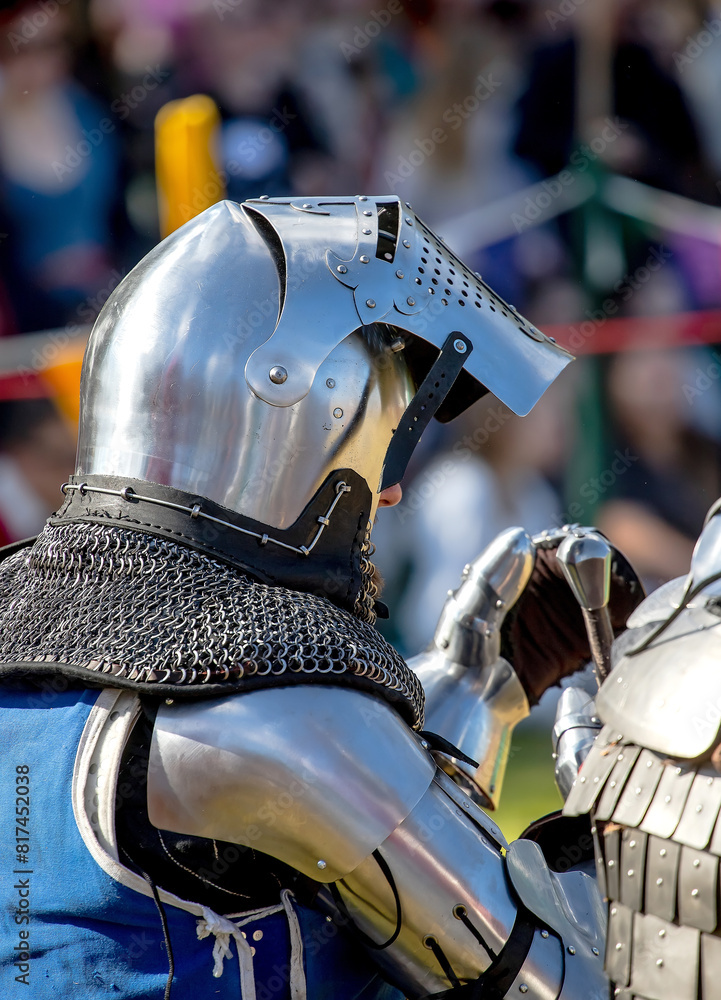 Elements of medieval iron knight armor for battle, helmet, spaulders ...