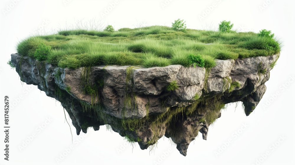 Flying land with beautiful landscape, green grass and waterfalls ...