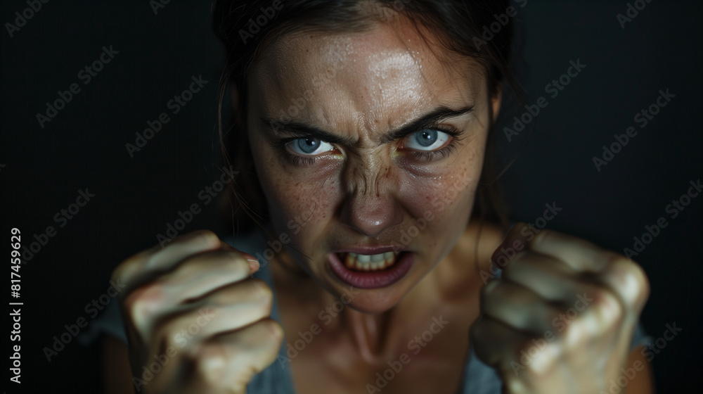 Portrait of an angry and frustrated woman clenching her fists and ...