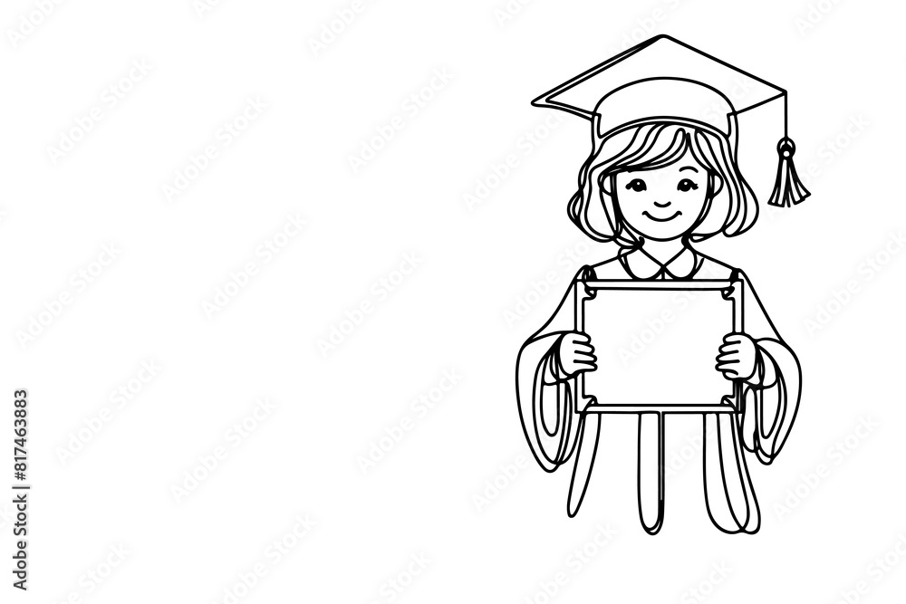 one continuous black line art drawing of school student kid graduate ...