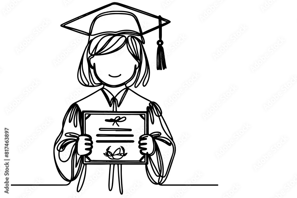one continuous black line art drawing of school student kid graduate ...