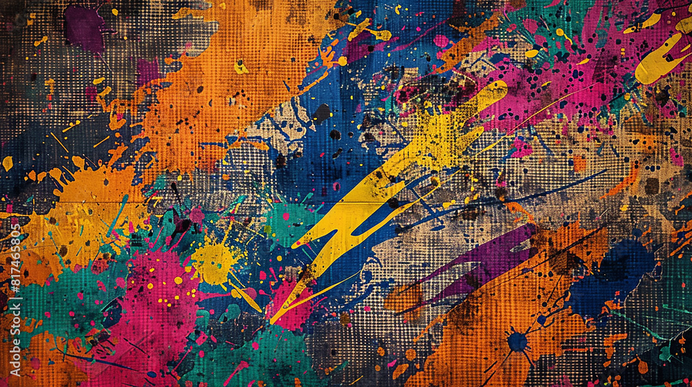 A canvas with a rich texture, splattered with vibrant colors in a ...