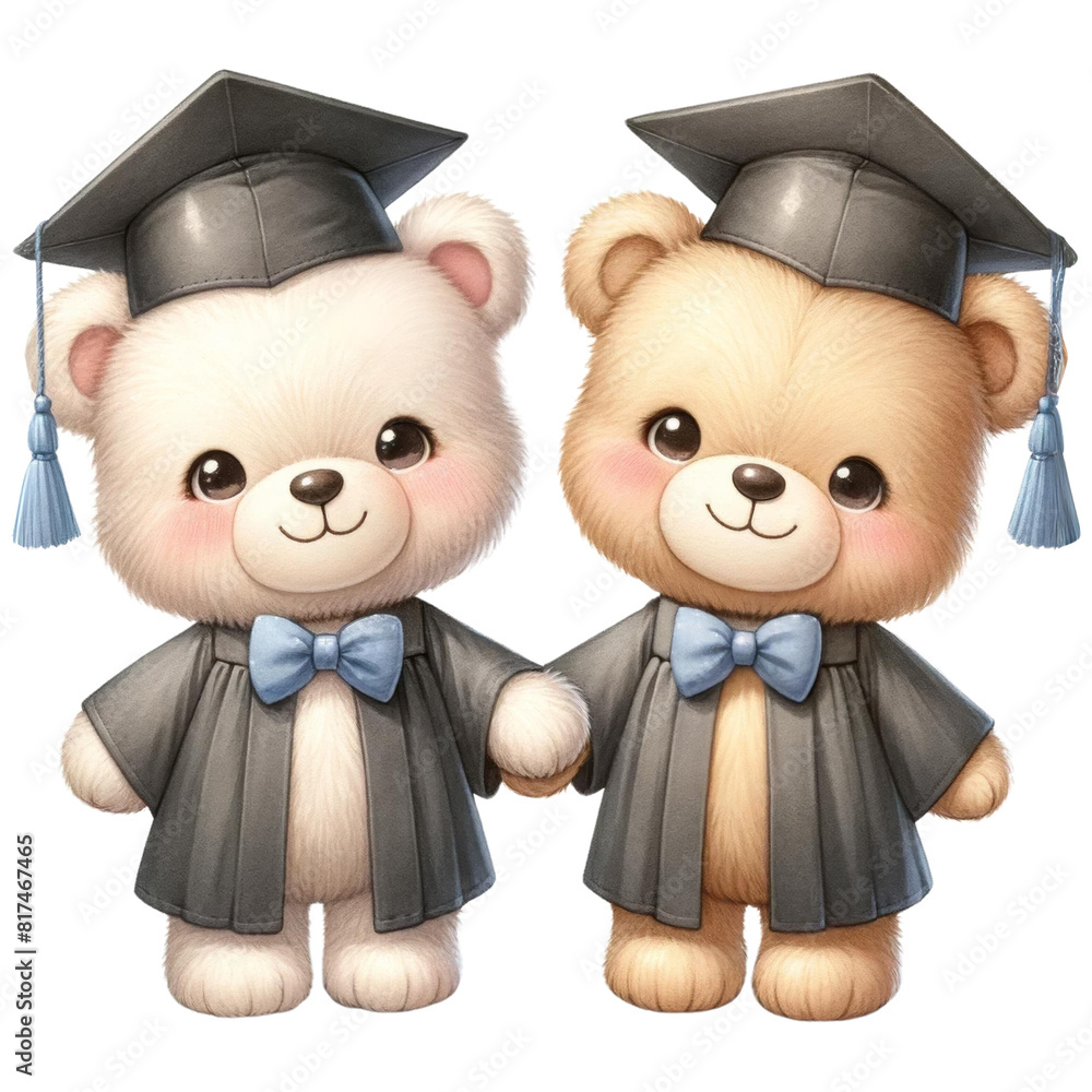 Watercolor of two cute teddy bears in graduation caps and gowns holding ...