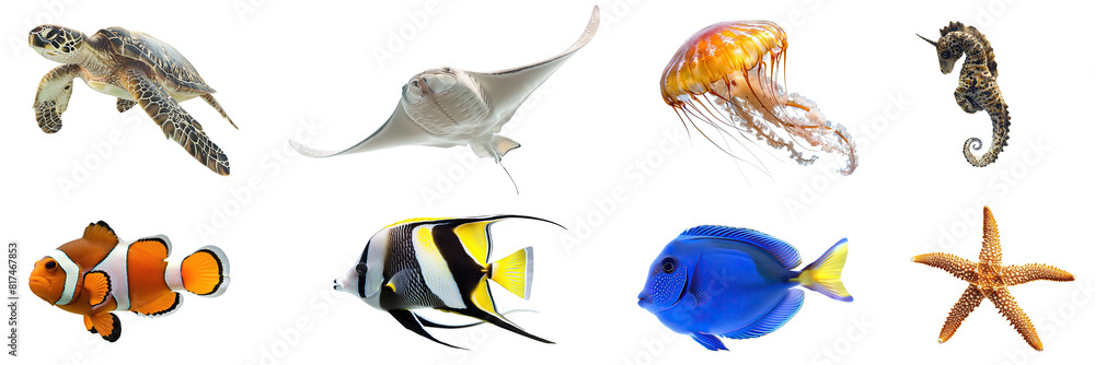 Set of marine life aquatic animals, Sea Turtle, stingray, Jelly fish ...